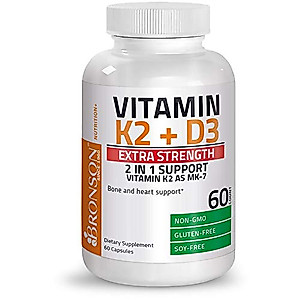 Bronson Vitamin K2 (MK7) with D3 Extra Strength Supplement Bone Health Non-GMO Formula 10,000 IU Vitamin D3 & 120 mcg Vitamin K2 MK-7 Easy to Swallow Vitamin D & K, 60 Capsules