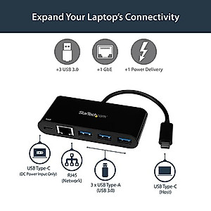 StarTech.com USB C to Ethernet Adapter - 3 Port - with Power Delivery (USB PD) - Power Pass Through Charging - USB C Adapter (US1GC303APD) Black