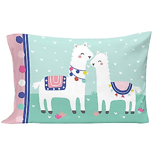 Everything Kids Pink & Mint Llama 4Piece Toddler Bed Set - Comforter, Fitted Bottom Sheet, Flat Top Sheet, Reversible Pillowcase, Pink, Mint, Navy, Raspberry