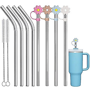 8 PCS Stainless Steel Straw for Stanley 40oz Adveture Quencher Tumbler, 12 inch Replacement Straw with 8 PCS Flower Straw Cover, Metal Straw for Stanley 30oz