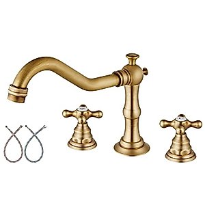 Aolemi Bathroom Sink Faucet Antique Brass Widespread Double Cross Handle Knobs 3 Hole Lavatory Mixer Tap Deck Mount Without Pop Up Drain