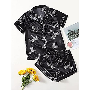 WDIRARA Women's Sleepwear Zebra Print Shirt and Shorts Cute Pajama Set Animal Black XL