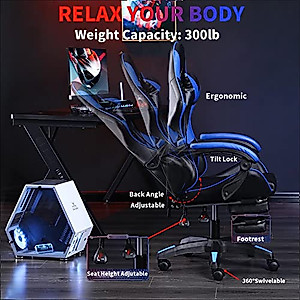 ExAchat Gaming Chair - Gaming Chair with Footrest, Ergonomic Gaming Chair with Adjustable Seat Height and Backrest - Adult Gaming Chair with Comfortable Headrest and Lumbar Support,300LBS-Blue