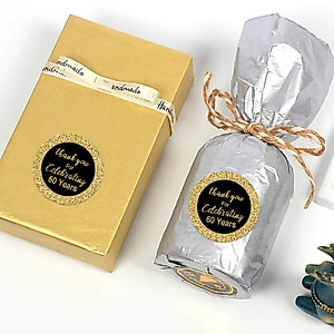 60th Birthday Thank You Stickers, Black and Gold 60th Birthday Favors, 60th Birthday Stickers, Anniversary Party Decorations, 1.75 Inch Round Circle Label Stickers, Pack of 50.