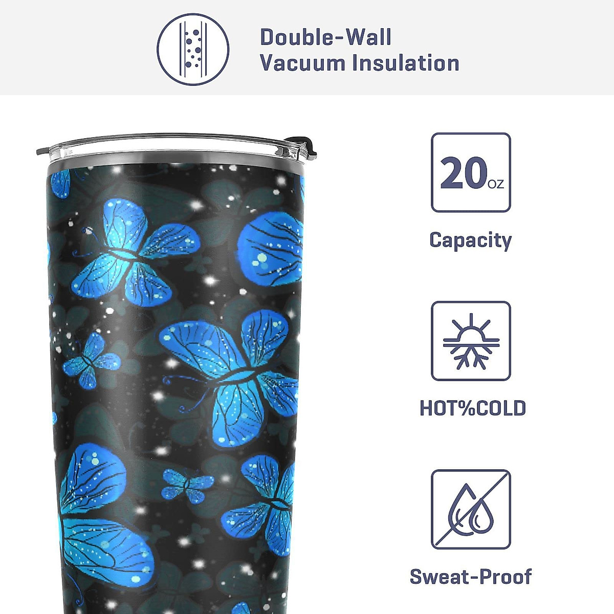 foixnub Blue Butterfly White Floral 20oz Tumbler Insulated Coffee Cup Wine Tumbler Stainless Steel?Reusable Water Bottle Double Walled Travel Mug Thermal Cup for Hot Cold Drinks