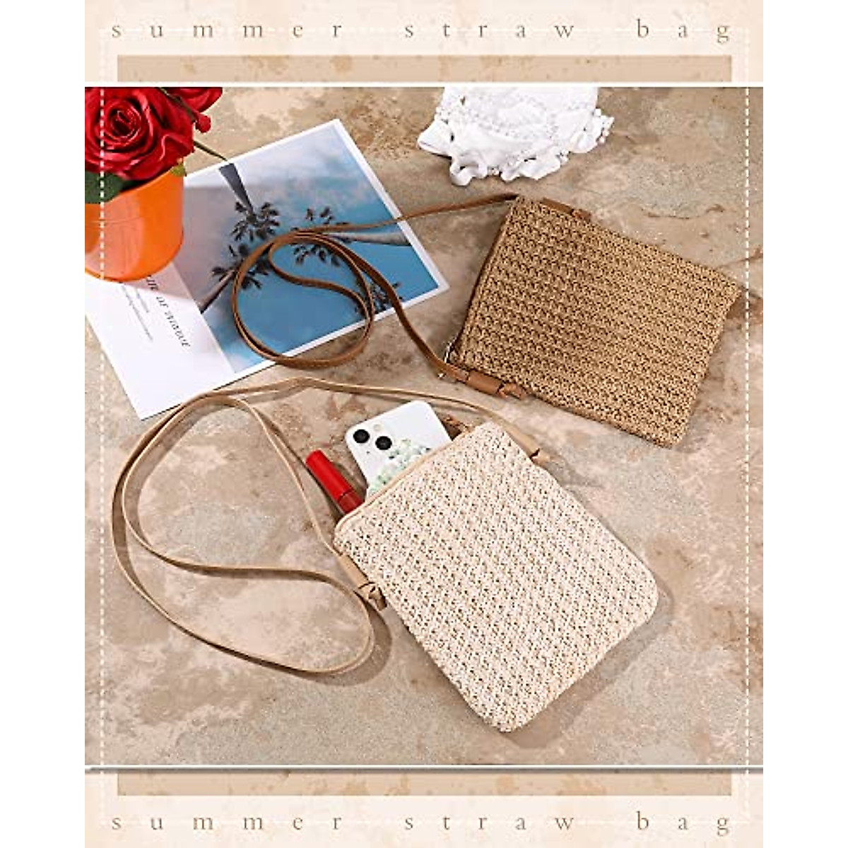 Sweetude 2 Pcs Straw Beach Bag for Women Summer Woven Straw Purse Cute Shoulder Straw Clutch Small Women's Crossbody Handbags for Women Girl Vacation