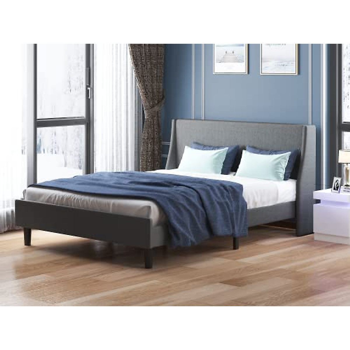 CECER Full Size Bed Frame, Modern Bed Frame with Upholstered Headboard & Broad Wingback Wooden Slat Support, No Box Spring Needed - Dark Grey