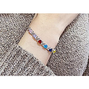 Personalized Heart Link Bracelet for Women Custom 2-7 Names Bracelets with Simulated Birthstones Adjustable Family Bracelets for Mother Daughter (3 names)