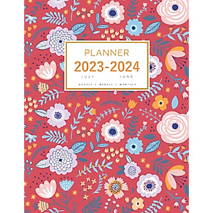 Planner July 2023-2024 June: 8.5 x 11 Large Notebook Organizer with Hourly Time Slots | Cute Pastel Floral Design Red
