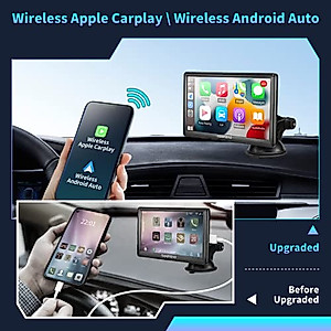 SANPTENT Wireless Apple CarPlay Dash Mount, Portable Car Stereo, Android Auto, Drivemate, 7-Inch Full HD Touchscreen, Car Audio Receiver, Bluetooth Handsfree, Car Buddy, Rear Camera, TF/USB/AUX Input