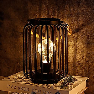 JHY DESIGN 7.5" High Metal Cage Decorative Lamp Battery Powered Cordless Warm White Light with LED Edison Style Bulb Great for Weddings Parties Patio Events Indoors Outdoors with Hemp Rope Handle