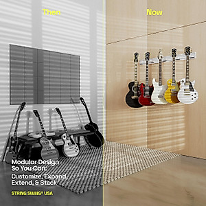 String Swing Guitar Wall Rack, Multiple Guitar Wall Mount, Guitar Organizer for Acoustic & Electric Guitars, 5 Padded Arm Hangers & White Slatwall Rail, Wall Mount Guitar Rack - MADE IN USA