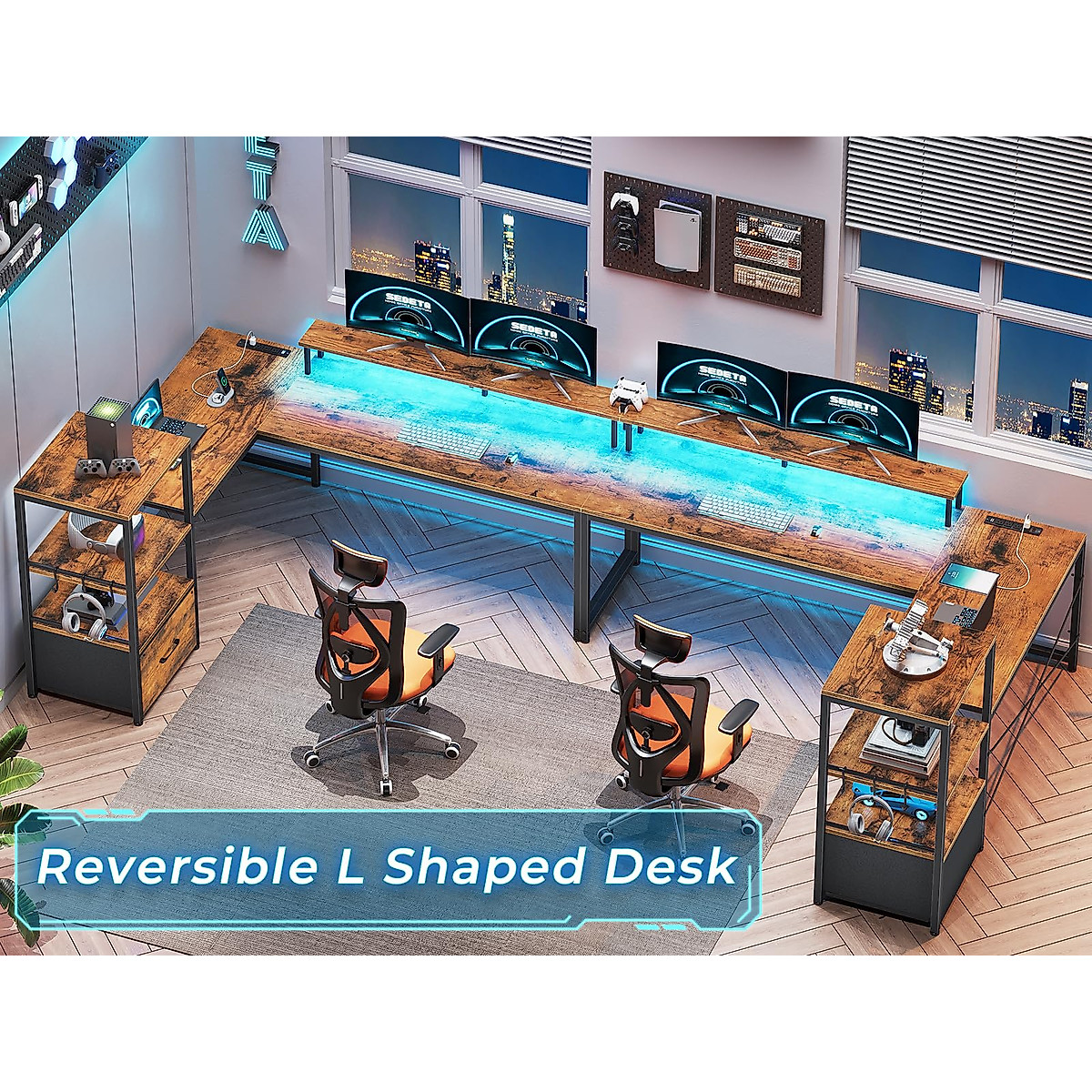 SEDETA Home Office Desk with File Drawer and Power Outlet, 51" Corner Computer Desk with Fabric Drawer and Storage Shelves, Corner Gaming Desk with LED Lights, Monitor Stand and Hooks, Rustic Brown