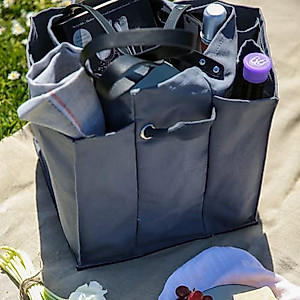 CapaBunga Farmer's Market Tote Shopping Bags with Handles - 7 Pocket Large Utility Tote Bag - Heavy Duty Canvas Utility Bag with Vegan Leather Base - Reusable Tote Bag - Grey Grocery Bag