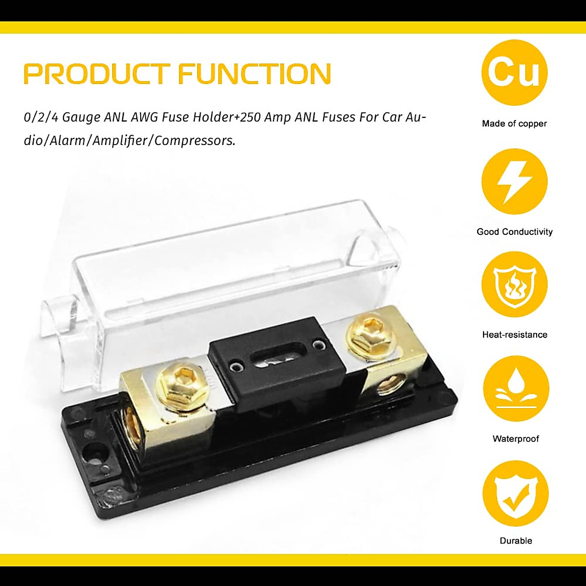 Apeixoto 0/2/4 Gauge AWG Inline ANL Fuse Holder with250 Amp Fuse and Cover Car Audio Fuse Block Holder 250A