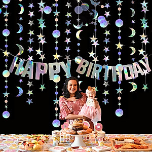 Star Moon Circle Dot Garland Party Decoration Kit, Holographic Party Decorations Hanging Stars Streamer Backdrop Crescent Garlands Happy Birthday Banner Backdrop for Baby Shower Birthday Wedding