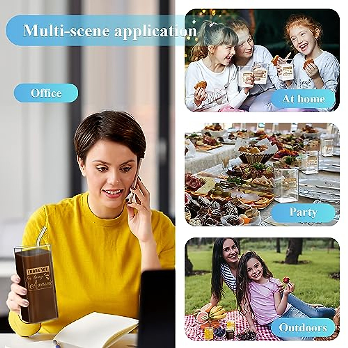 Roshtia 12 Pcs Square Glass Cups with Straws Highball Drinking Glasses Clear Rocks Glasses for Tea Wine Beer Cocktails Juice Coffee Mixed Drinks Party Glassware Set, 8.5oz and 13.5oz (Minimalist)