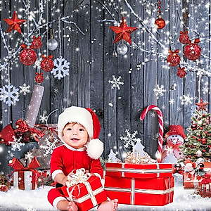 LIVUCEE 5X7FT Christmas Wood Wall Photography Banner Backdrop Winter Holiday Snowflake Xmas Tree Wood Floor Background Party Supplies Decor Photoshoot Studio Booth Props