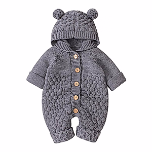 Unisex Newborn Baby Boy Girl Gender Neutral Cute 3D Bear Ears Hooded Knitted Sweater Long Sleeve Romper Overall Bodysuit Jumpsuit Playsuit Sleepwear Outwear Winter Warm Clothes Gray 0-6 Months