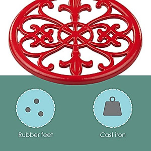 Home Basics (Red) Cast Iron Fleur De Lis Trivet Tr44392, 7.9" x 7.9" x .62"
