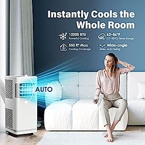 AirChoice Portable Air Conditioner, 12000 BTU Air Conditioner Portable for Room Up to 550 Sq.Ft, 3-in-1 with Dehumidifier and Fan Mode, 24H Timer, Remote Control, Quiet Portable AC Unit, Window Kit