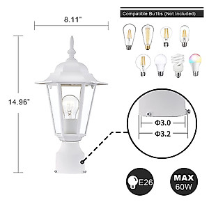Outdoor Post Lights, Lamp Post Light Fixture with E26 Socket, White Exterior Post Lantern with Clear Glass Shade, Pillar Outside Lighting for Walkway, Driveway, Carriage, Anti-Rust & Waterproof