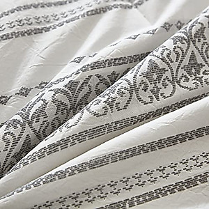 MOVE OVER Gray Jacquard Comforter Set Boho Comforter Set Queen 300TC 100% Yarn Dyed Cotton Bohemian Paisley Flower Design Boho Textured Stripes Jacquard Tufted Comforter Set