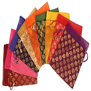 Touchstone Gorgeous Gift Wrapping bags reusable environment friendly Large Drawstring Mimosa Leaf Pattern Brocade for birthdays, wedding, return present packing set. pack of 9. 9x7 inches