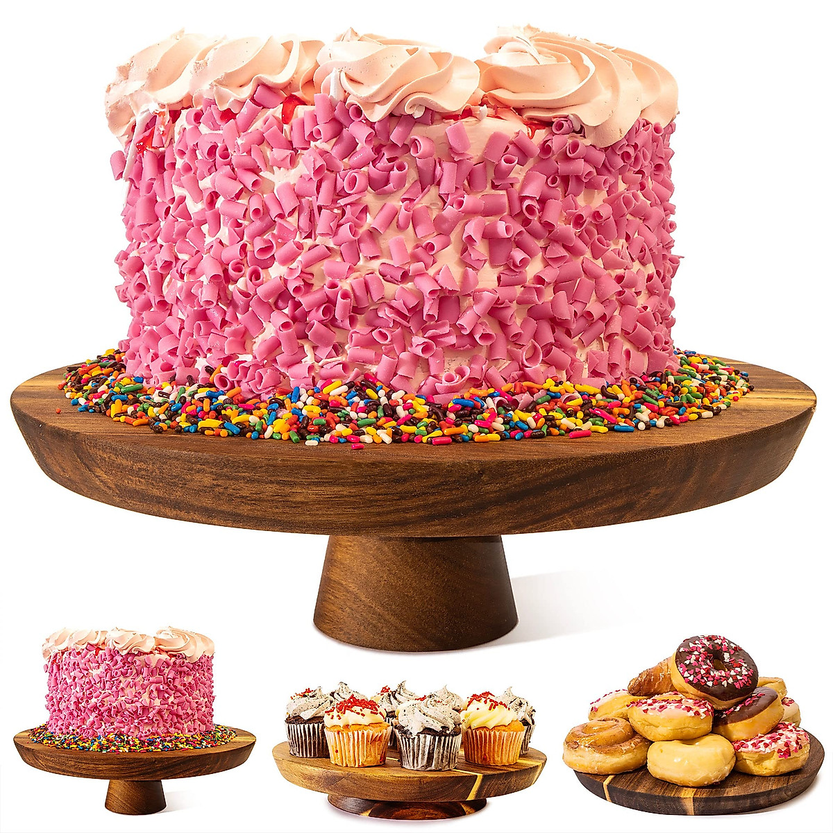 Swivel Convertible Base Acacia Wood Cake Stand, Wedding Cake Stand, Wooden Cake Stands for Snacks and Desserts. Rustic Cake Stand for Cupcakes, and Rustic Cake Stands for Wedding Cakes.