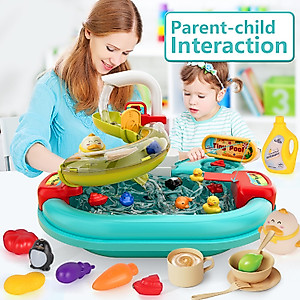 Jiakora Play Sink with Running Water, 3-in-1 Toddler Kitchen Toys, Water Table, Fishing Set, Tracks, Pretend Play Kitchen Cleaning Set water toys for toddlers 1-3