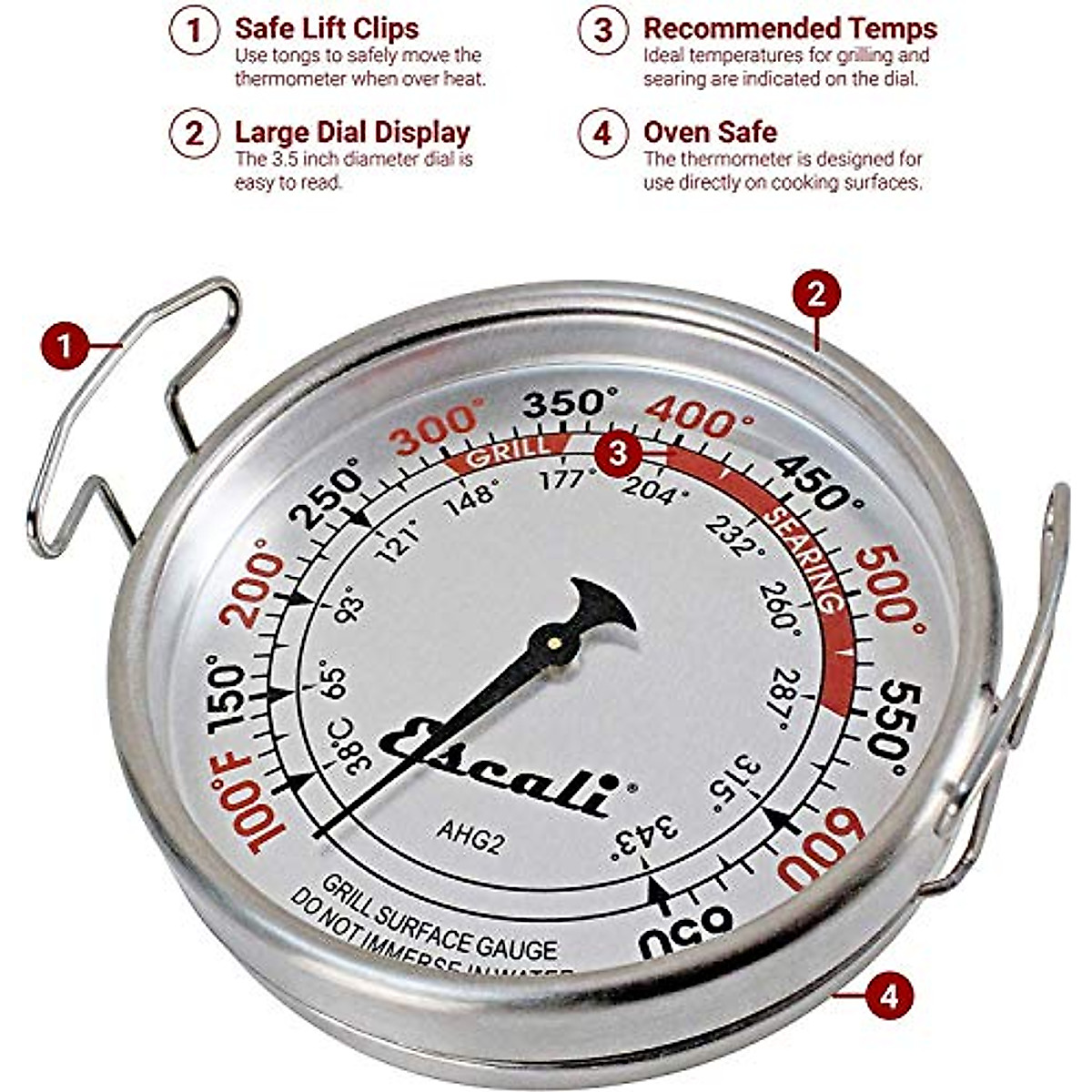 Escali AHG2 Stainless Steel Extra Large Direct Grill Surface Thermometer, Searing Temperature Zones 100-600F Degree Range