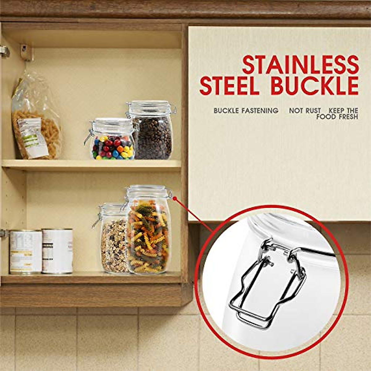 MASTERTOP 4pcs Glass Jars, Food Storage Containers Set with Airtight Lids, Canister Sets for Kitchen Counter, Cookies Sugar Coffee Nuts Spices, 15pcs Reusable Food Storage Bags, 50oz, 33oz, 26oz, 17oz