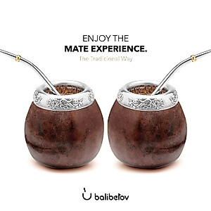 BALIBETOV Yerba Mate Gourd Set (Original Natural Handmade Yerba Mate Cup Argentina) - Includes Mate Tea Cup, Bombilla (Yerba Mate Straw) and Clean Brush - Classic Mate Cup and Bombilla Set (BROWN X2)