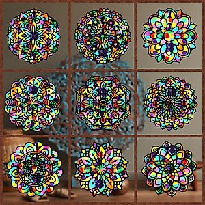 18 Pack Colorful Mandala Window Clings DIY Kit Stained Glass Kits for Adults Suncatchers for Windows Arts and Crafts DIY for Adults Mandala Sun Catcher for Beginner Teens, 6 x 6 Inches