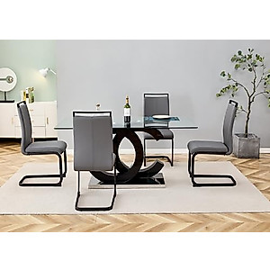 LFVFFA 63 inch Modern Glass Dining Table for 4-6, Rectangle Glass Kitchen Table, 0.39" Tempered Glass Top Dining Table，Large Pedestal Table (1 Table+4 Gray Chair, 63 Inch)