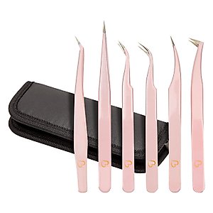 Okuna Outpost 6-Piece Precision Tweezer Set for Eyelash Extensions with Storage Case (Light Pink)