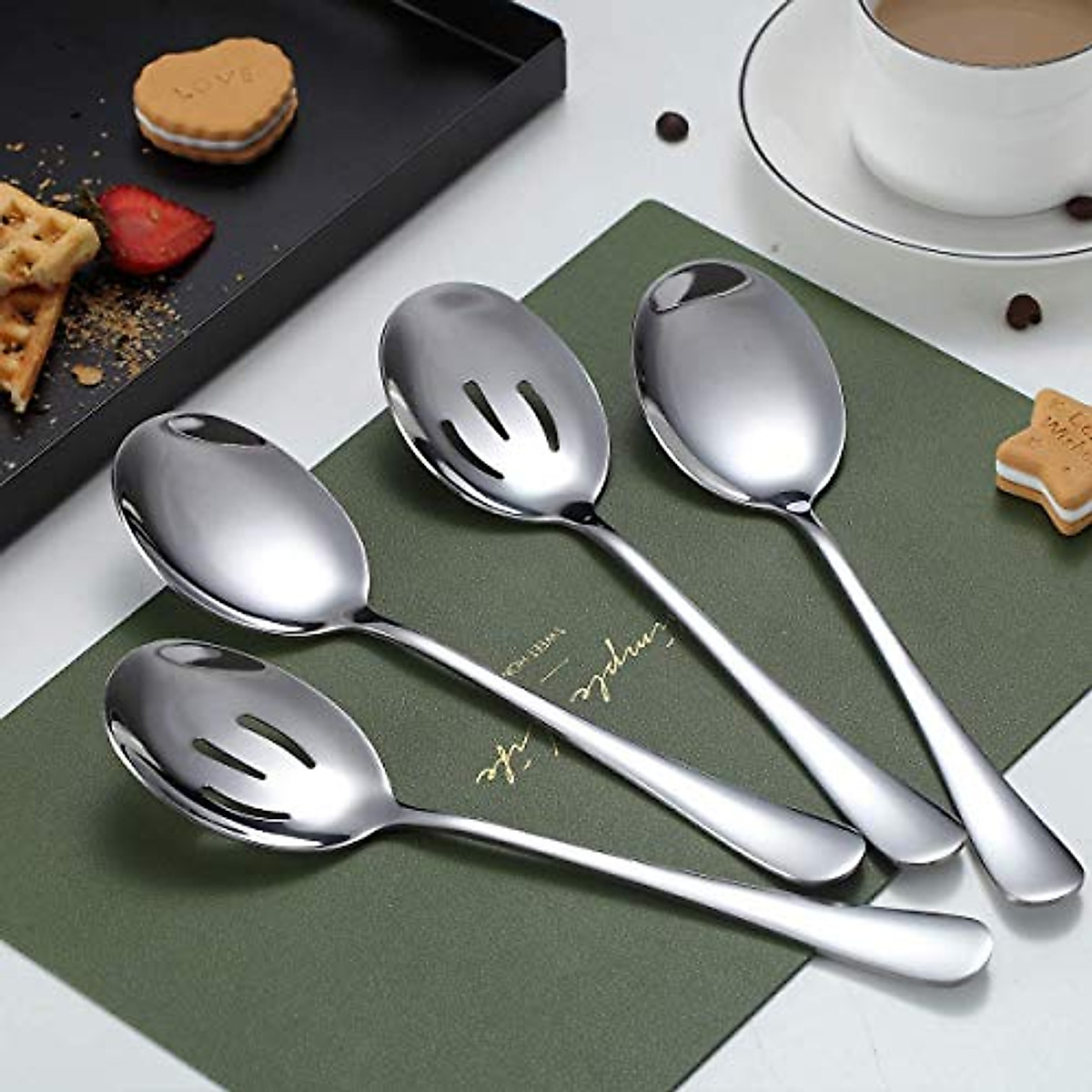 Serving Spoons 4 Pieces, Kyraton Serving Spoon, Include 2 Serving Spoon And 2 Slotted Spoons, Stainless Steel Serving Utensils, Serving Set Packing of 4