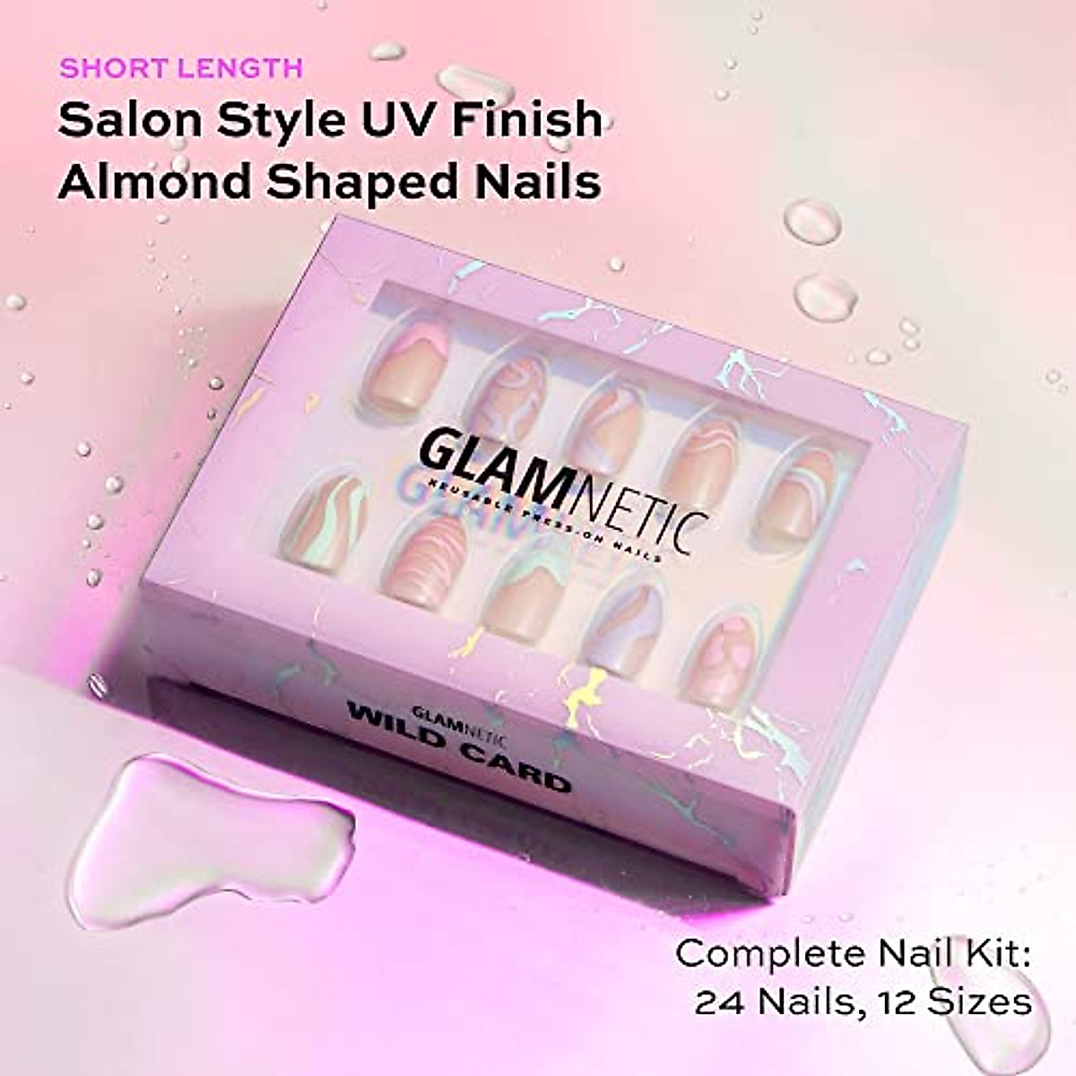Glamnetic Press On Nails - Wild Card | Opaque UV Finish Short Pointed Almond Shape, Reusable Pastel Nails in 12 Sizes - 24 Nail Kit with Glue