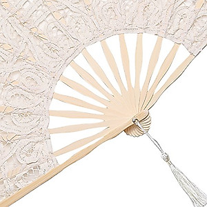 BABEYOND Cotton Lace Folding Handheld Fan Embroidered Bridal Hand Fan with Bamboo Staves for Wedding Decoration Dancing Party (Beige)