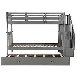 Twin Over Twin Bunk Bed with Trundle and Stairs, Solid Wood Bunk Beds Frame with Storage for Kids, Teens, Adults, Bedroom, Dorm. No Box Spring Needed (Gray)
