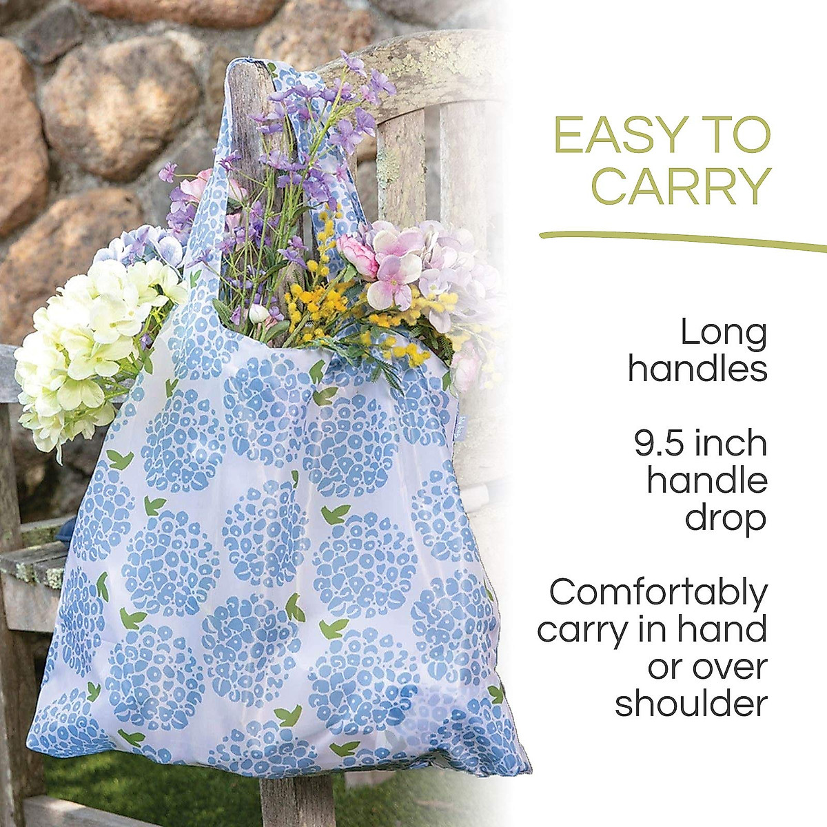 rockflowerpaper Reusable Grocery Bags for Shopping - Blue Hydrangea Pattern Blu Bag - Machine Washable, Foldable, Packable Tote - Large Handles - Heavy Duty and Lightweight - Zippered Top Pouch