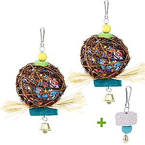 Kassbest Bird Parrot Chewing Toys,Natural Rattan Ball Shredder Toy Cage Foraging Shredder Toy and Bird Beak Grinding Stone Lava Block Calcium Supplement for Budgie Lovebirds Conures Parakeet 2 Pack