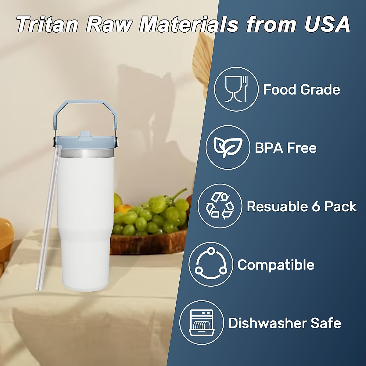 Plastic Straws for Stanley Iceflow 30oz Tumbler,6 Pack Replacement Clear Straws with 2 PCS Straw Cleaner Brush, Reusable Straw for Stanley 30 oz Iceflow Flip Cup (Clear, for Stanley Iceflow 30oz)