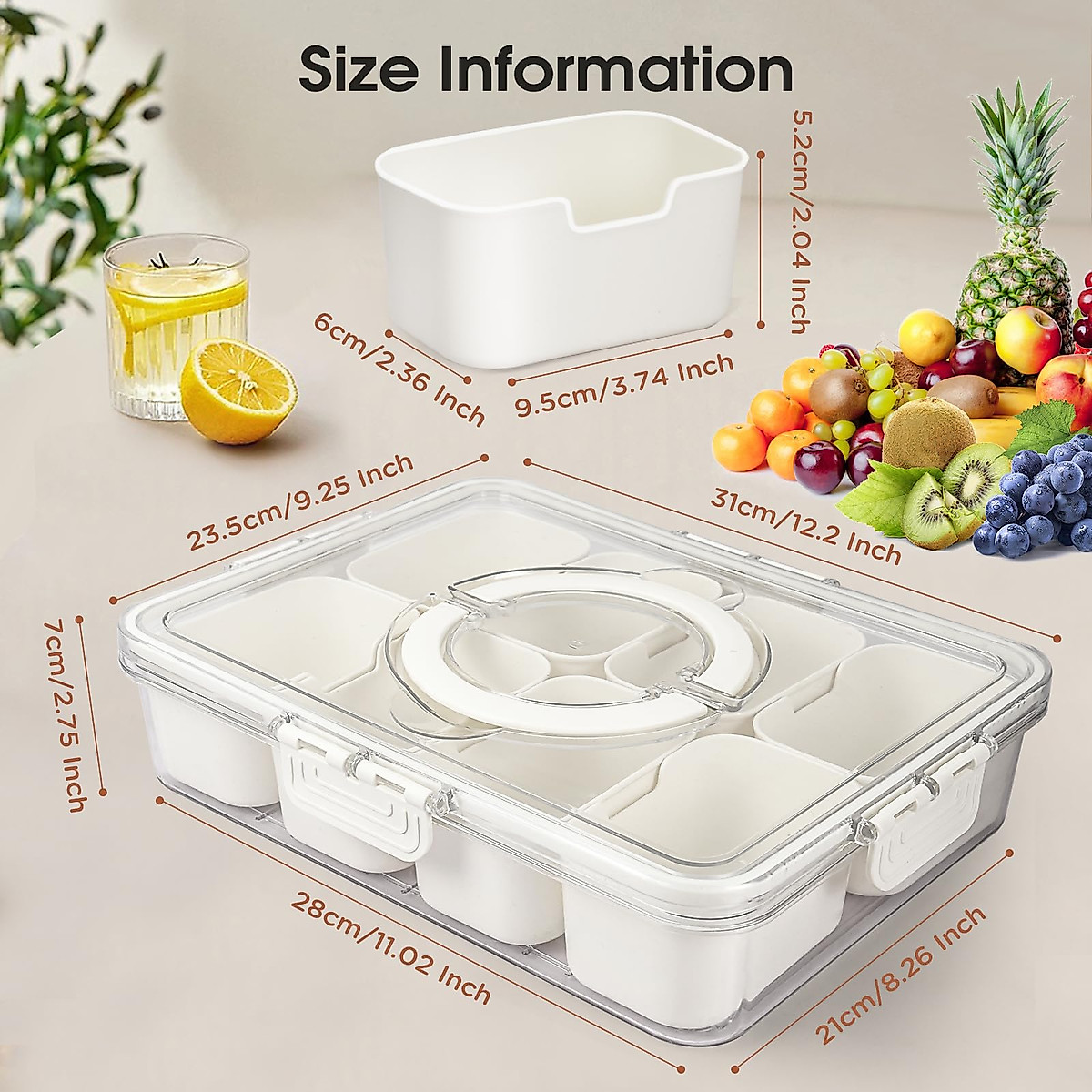 2 Pack Snack Box Containers with Lid and Handle, 8-Compartment Divided Serving Tray for Kids and Adults, Portable Snackle Box for Veggies, Fruit, and Snacks, Perfect for Travel, Camping, and Picnic