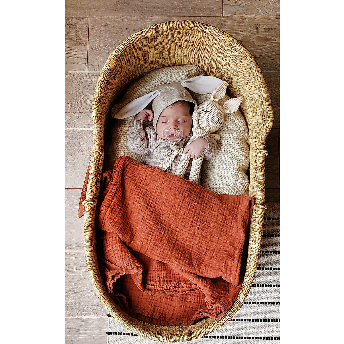 Cotton Crochet Bunny Doll Rattle Sleepy Head Bunny Toy | 13 inch Baby First Stuffy Amigurumi Buddy Security Blanket Newborn Photo Prop (White Sleepy Bunny)