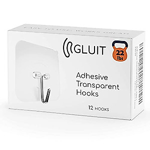 GLUIT Adhesive Hooks for Hanging Heavy Duty Wall Hooks 22 lbs Self Adhesive Sticky Hooks Waterproof Transparent Hooks for Keys Garage Outdoor Office Workshop Door Sticky Hook 12 Pack