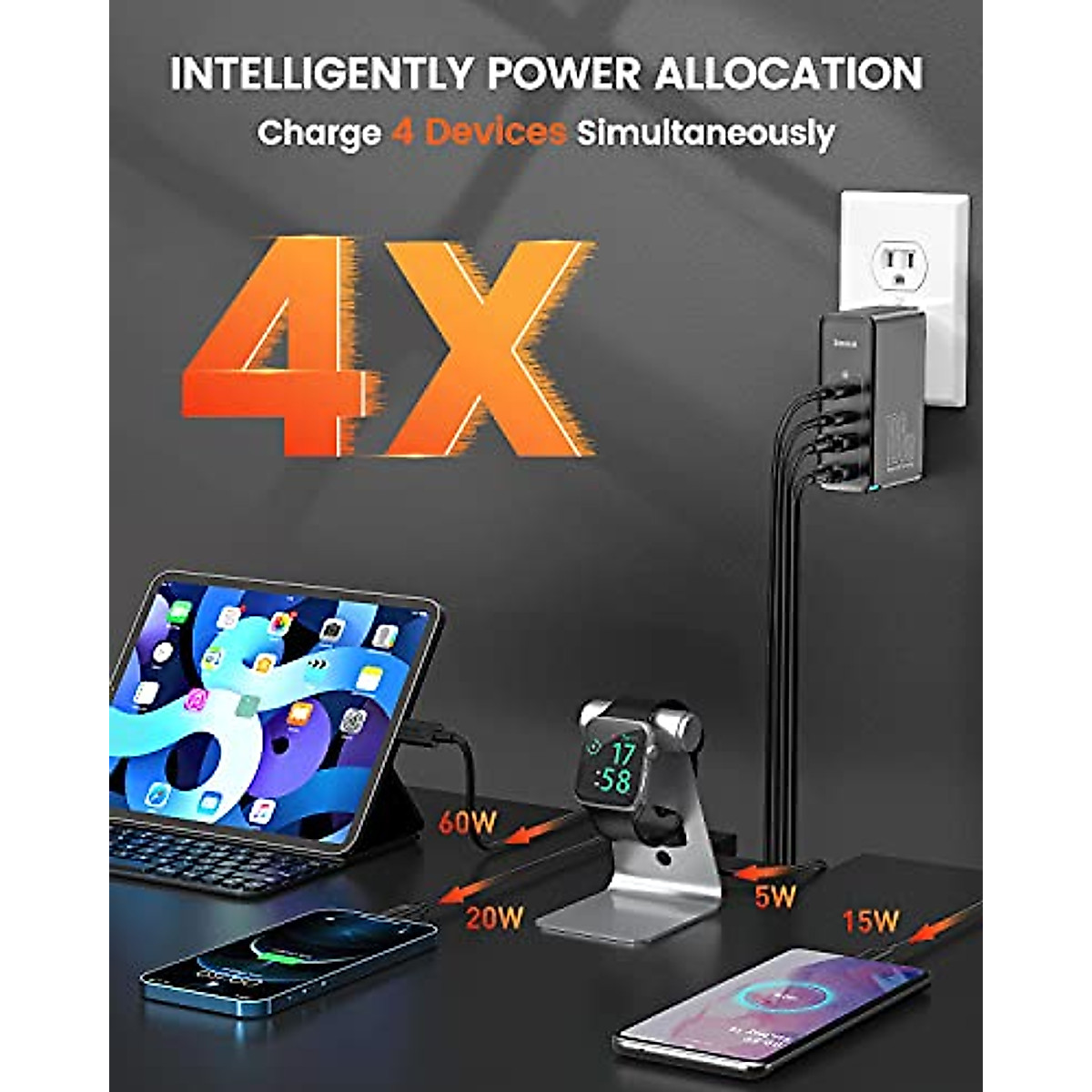 Baseus USB C Charger, 100W Charger 4-Port, 100W Wall Charger Fast Charging Station, GaN II Charging Block, for iPhone 14 Pro/SE/XR, Samsung, MacBook Pro/Air, iPad, Laptops, AirPods, Steam Deck, Black