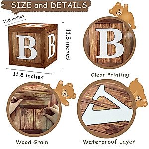 Wood Grain Printing Baby Shower Display Boxes Party Decorations, Neutral Gender Reveal Party Backdrop, Brown Teddy Bear Baby Stacking Blocks Backdrop with Letters for Boy Girl Birthday Party