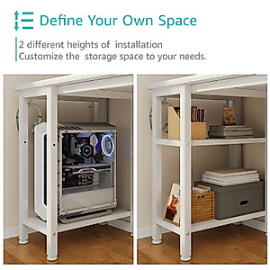 Lufeiya White Gaming Desk with Fabric Drawers and Storage Shelves, 47 inch Home Office Desk with Monitor Stand, Computer Desk with LED Lights and Power Outlets, White