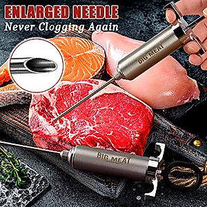 Big Meat Injectors For Smoking - Stainless Steel Meat Injector Syringe Starter Kit, 2oz Marinade Injector Gift Set with 3 Needles, Food Thermometer & Basting Brush - Food Injector